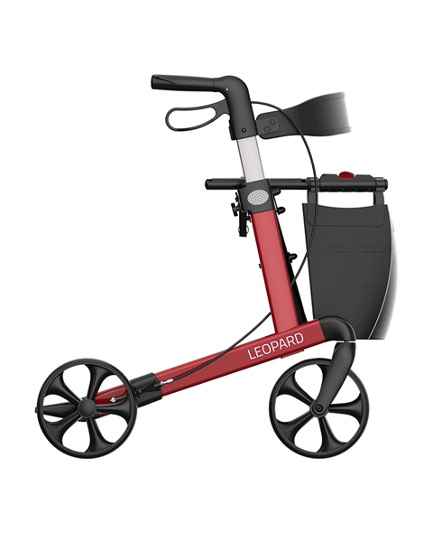 Leopard rollator, red, seat height 55 cm, incl. backbelt and cane holder